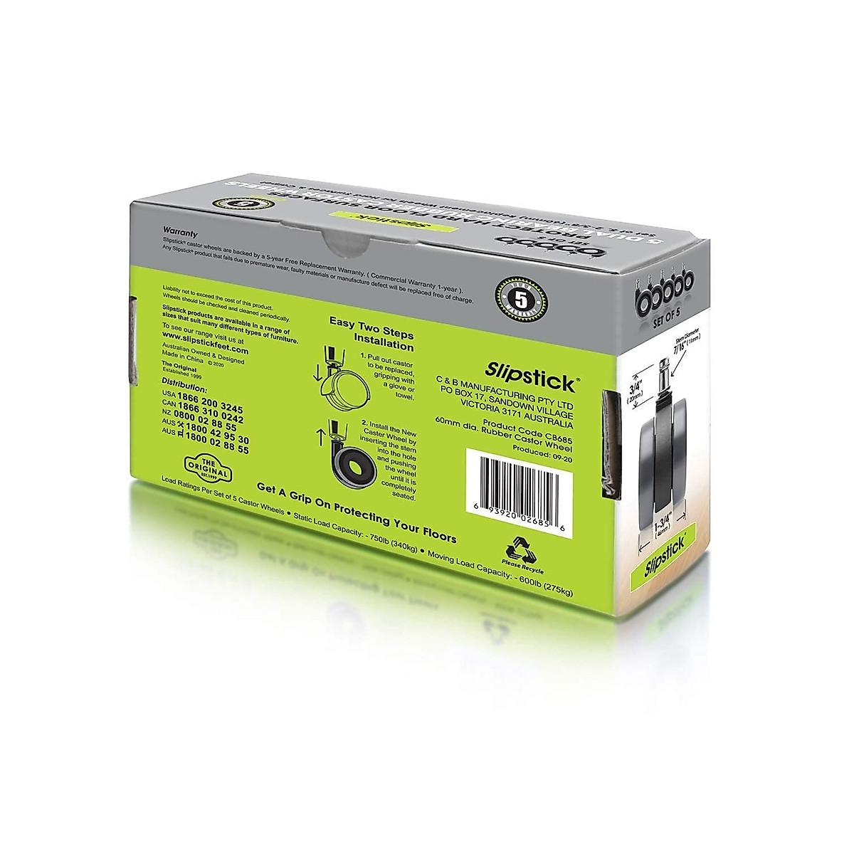 Slipstick CB685 Dual Bearing Rubber Office Chair Caster Wheels (Set of 5 Castors) Universal Fit Replacement Chair Casters for Hardwood Floors & Carpet, 2-3/8” Twin Rollers, 7/16 Inch Stem