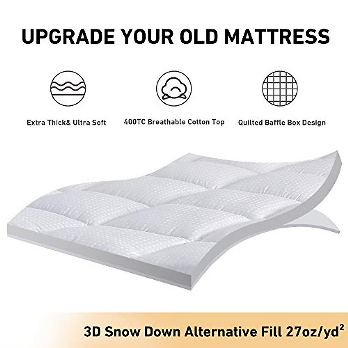 Atarashi 3 Inch Thick Mattress Topper Queen,400TC Pillow Top Mattress Topper,Soft Cotton Mattress Pad Cover,Breathable & Plush Down Alternative Fill,Fit to 8”-21” Mattress,White