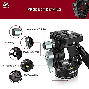 EVUMO H3 Mini Fluid Video Tripod Head, 360° Panoramic Compact Lightweight Camera Video Head for Tripod DSLR Camcorder Telescope, with Quick Release Plates & Detachable Handle, Max Load 8.8lbs/4.0kg