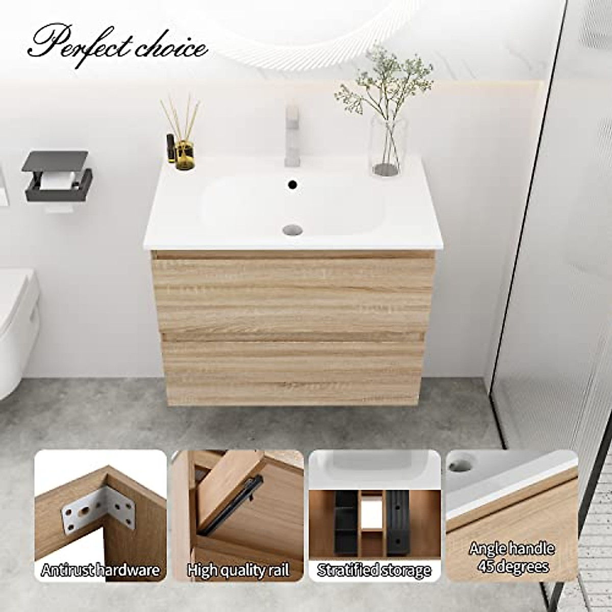 Henf 30" inch Wall Mounted Bathroom Vanity with Sink, Modern Floating Bathroom Vanity with White Integrated Gel Sink & Two Drawers, Plywood Hanging Bath Cabinet w/Resin Wash Basin (Light Oak)
