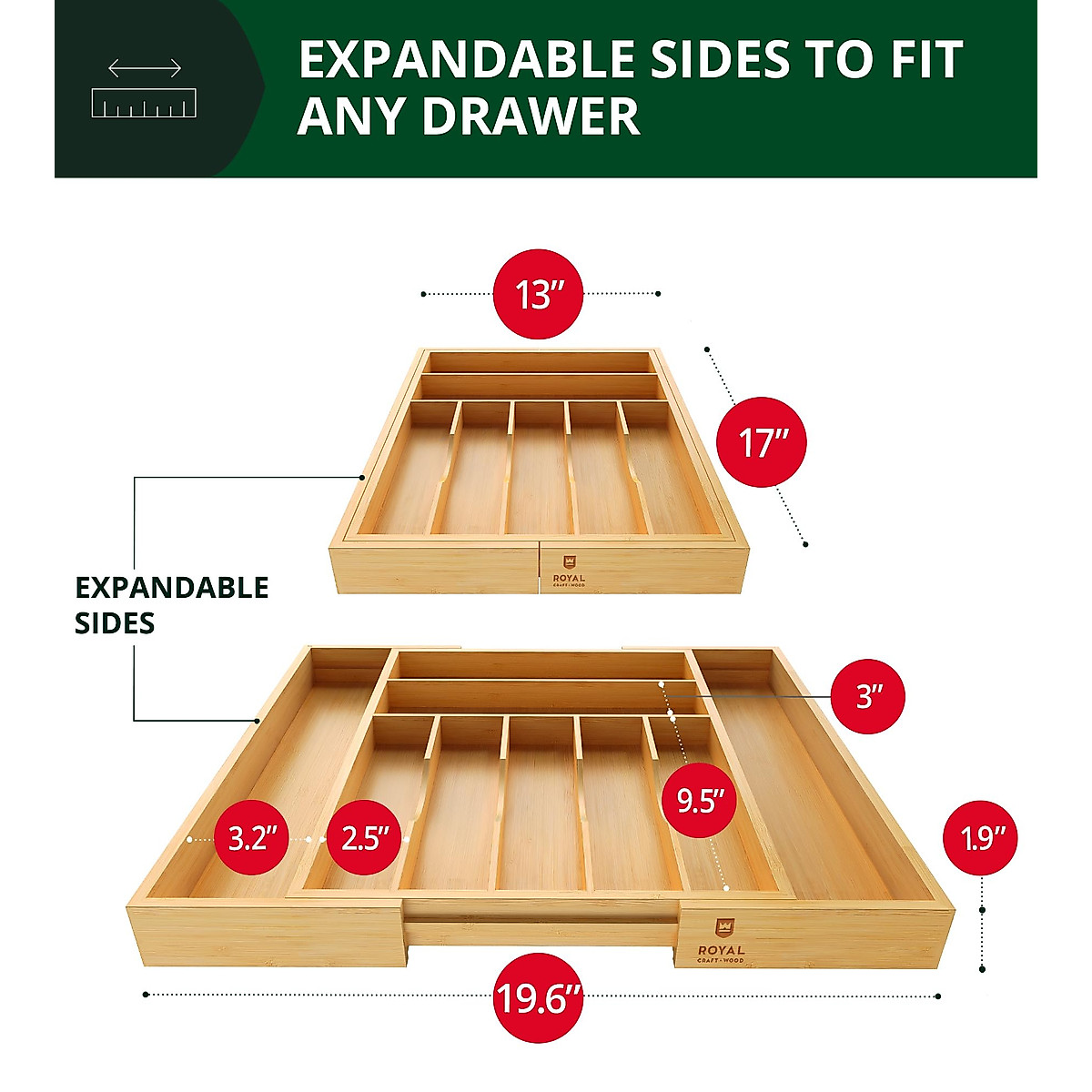 Luxury Bamboo Kitchen Drawer Organizer - Silverware Organizer - Utensil Holder and Cutlery Tray with Grooved Drawer Dividers for Flatware and Kitchen Utensils (9 Slot, Natural)