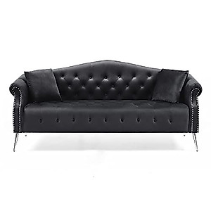 LIADTOP, 78.7" Classic Chesterfield Velvet Sofa Contemporary Upholstered Couch with Button Tufted and Rolled Arms, 2 Pillows Included, 3 Seater, Black