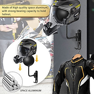 Motorcycle Helmet Rack Wall Mount 180 Degree Rotation Metal Bike Helmet Holder Mount Bicycle Helmet Display Hanger Stand with 2 Hooks for Motorcycle Bike Baseball Rugby Helmet - Black, 1 Pcs