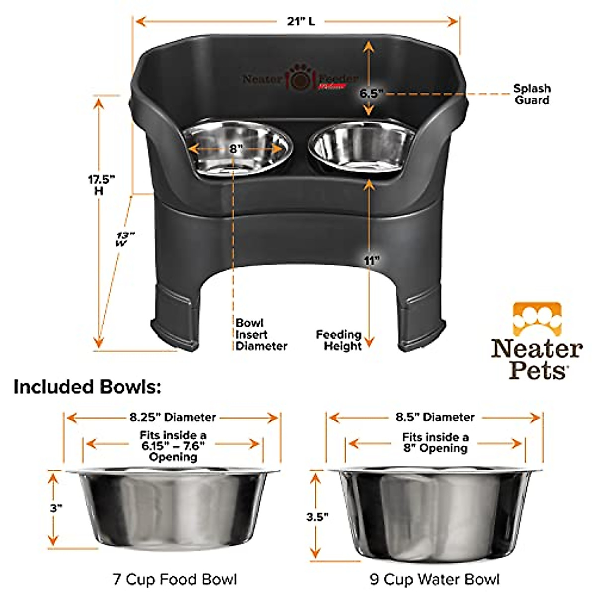 Neater Feeder Deluxe with Leg Extensions for Large Dogs - Mess Proof Pet Feeder with Stainless Steel Food & Water Bowls - Drip Proof, Non-Tip, and Non-Slip - Midnight Black