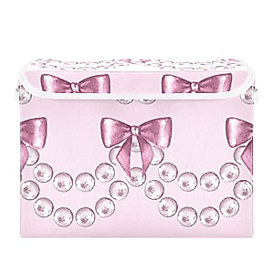 Kigai Storage Box with Lids for Organizing, Pink Pearls Bow Foldable 300D Oxford Storage Organizer Bin for Shelves Bedroom Closet Dorm Home Decor