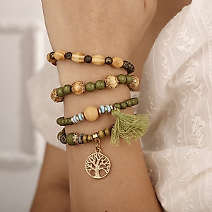 YERTTER 4pcs Bohemian Layered Beaded Tree of Life Pendant Tassel Stretch Stackable Strand Bracelet Beads bracelet Statement Gift for Women Girls（Dark Green）