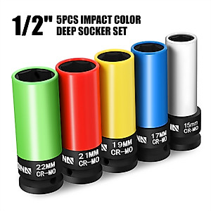 DNA MOTORING TOOLS-00156 5-Pieces 1/2-Inch Drive Wheel Protector Impact Deep Socket Set - 15mm 17mm 19mm 21mm 22mm, Cr-V, White,blue,red,yellow,green