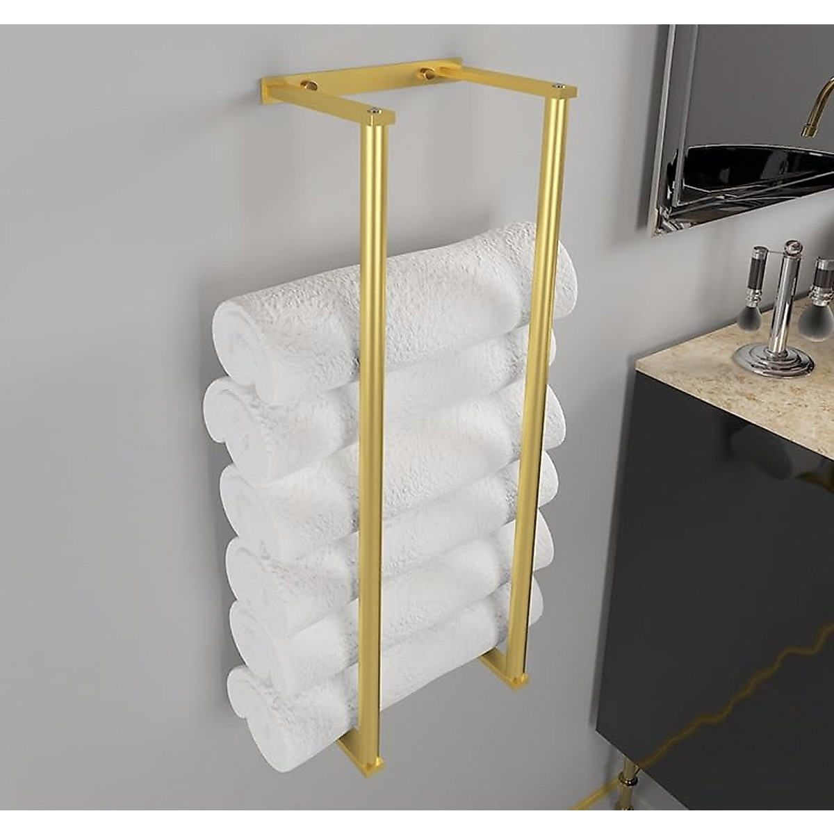 Bathroom Towel Rack for Rolled Towels, Wall Mounted Towel Storage Rack for Bathroom Organization, Stainless Steel Towel Storage Holder Can Holds Up to 6 Large Bath Towels (Gold)