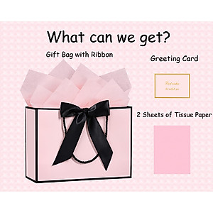 JMANNI Gift Bags, Large Gift Bags, 1Pcs Paper Gift Bag with 2 Tissue Paper and 1 Greeting Cards, Present Bags with Handles for Women Girls Bridesmaid Birthday Valentines Wedding Party (Black-Pink)