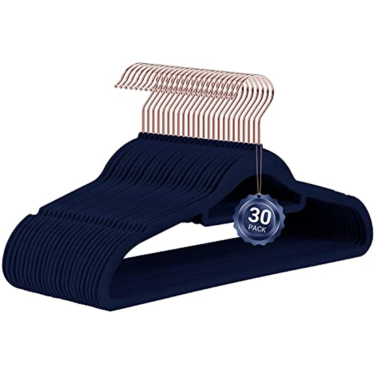 Velvet Clothes Hangers, ESEOE 30 Pack Non Slip Suit Hangers with Rose Gold Color Swivel Hook, Ultra Thin Space Saving, Wide for Coat, Shirt, Pants, Ties (Blue)