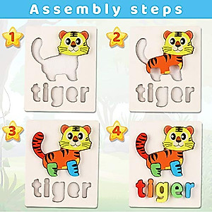 Wooden Toddlers Puzzles Kids Toys Gifts for 1 2 3 Year Old Boys Girls,6 Pack Animal Shape Jigsaw Puzzles Montessori Educational Toys with Alphabet Spelling Stem Travel Toy for Kids Ages 1-3