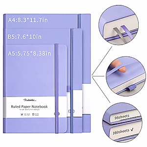 HIUKOOKA A5 Notebook College Ruled Journal For Women,320 Pages Thick Journal Hardcover Large Notebook,100 GSM Paper Leather Journal for Writing Student Diary,5.75''x 8.38''- Lightpurple