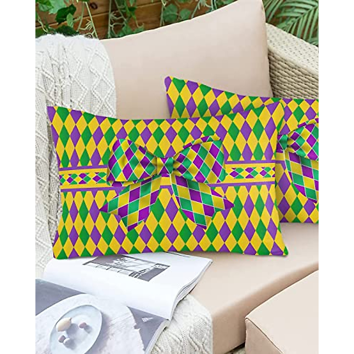 Outdoor Waterproof Throw Pillow Covers Set of 2 Cushion Cases Mardi Gras Purple Yellow Green Plaid Bow Pillow Covers,Decorative Pillowcases for Patio,Garden,Couch 20x12 Inch