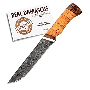Nazarov Premium Damascus Hunting Knife - Handmade VEPR Damascus Steel Knife with Sheath - Hand Forged Sharp Fixed Blade Knives with Non-Slip Birchbark Handle - Well Balanced Survival Knife with Sheath