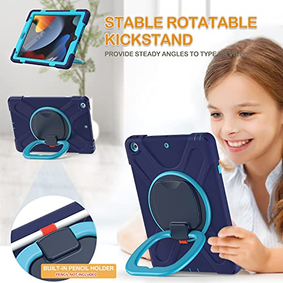 BRAECN for iPad Case 9th/8th/7th Generation,Rugged Kids Friendly Silicon Case with Folding Stand/Handle Grip Pencil Holder Shoulder Strap Screen Protector Pencil Cap Holder for iPad 10.2”-Navy Blue