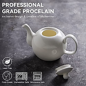 KitchenTour English Porcelain Tea pots -27oz for blooming&loose leaf, Fine Serving Ceramic Tea Pot with Upgraded Strainer Holes for Tea Party-White
