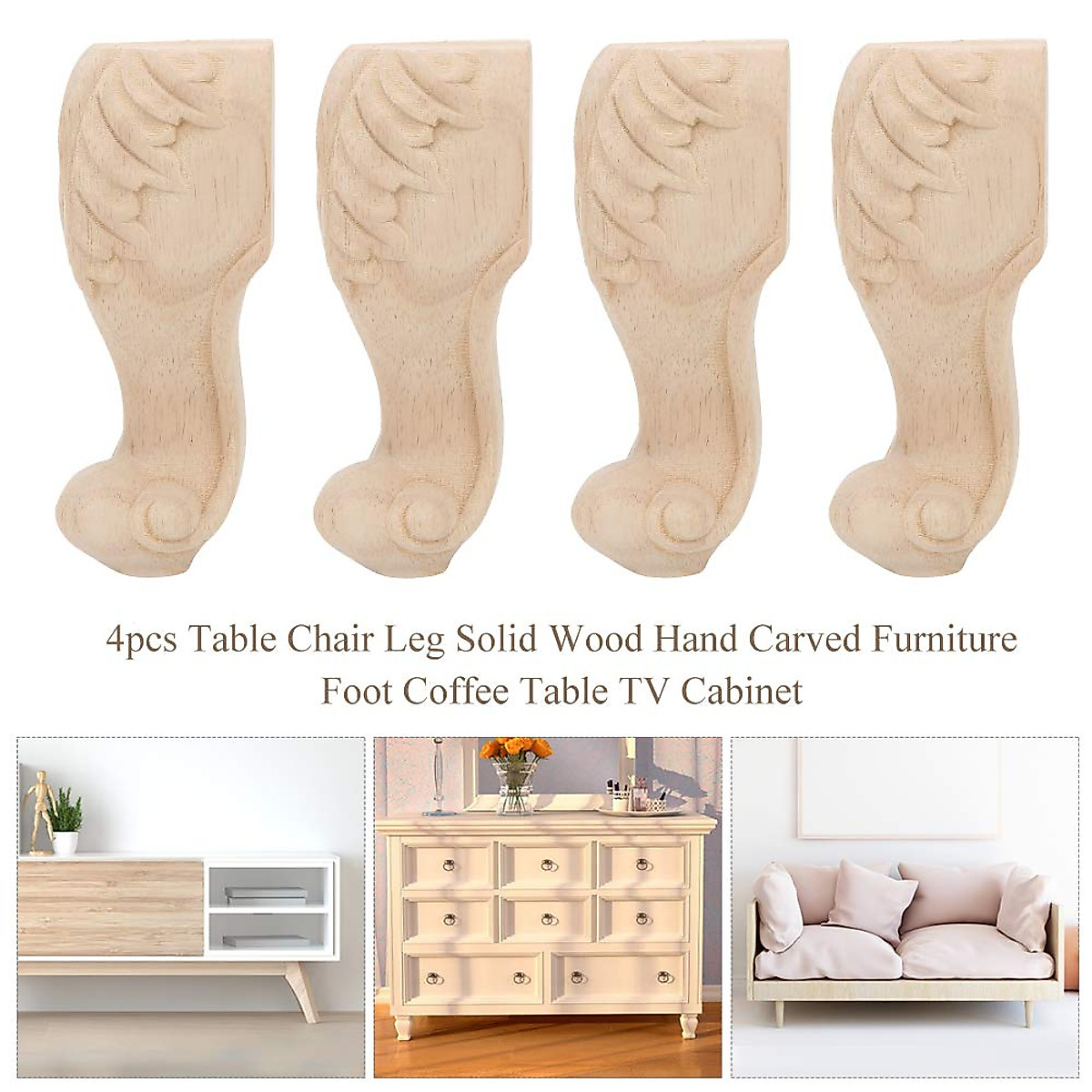 Hztyyier 4pcs Solid Wood Furniture Legs Wood Carved Sofa Couch Chair Ottoman Loveseat Table Cabinet Furniture Wood Legs Wood Unfinished Carved Feet(15x6cm)
