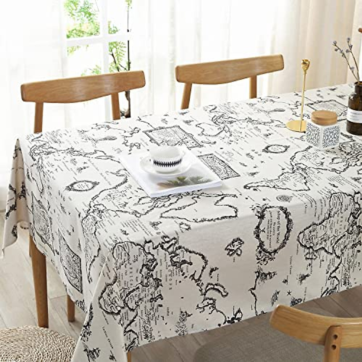 LOONELO World Map Cotton Linen Tablecloth,Antique Map Printed Tablecloth,Washable Retro Style Rectangle Table Cover for Dinner,Party,Picnic,Home Decor (55.1X98.4 inch)