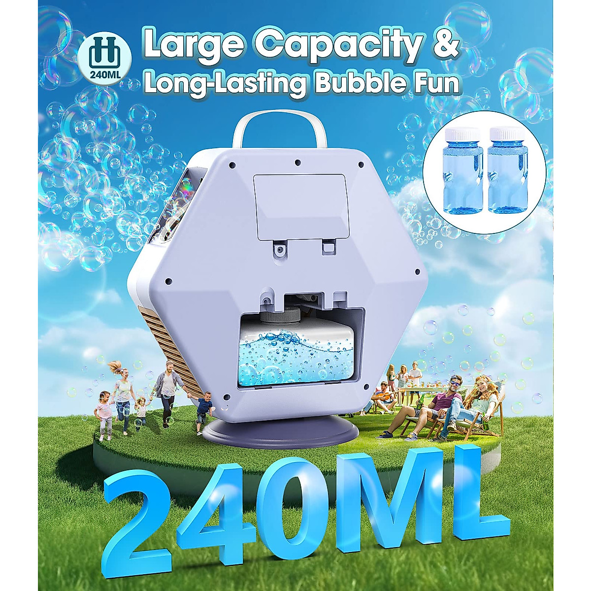 Beefunni Upgrade Bubble Machine Automatic Bubble Blower for Kids Toddler Adult,16000+ Bubbles/min, Bubble Machine Battery Operated, Rotatable 360° Bubble Toy for Outdoor Birthday Party, Baby Blue