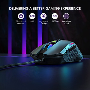 EKSA Gaming Mouse, Computer Mouse with 7 Programmable Buttons, Wired Gaming Mice with Chroma RGB 6 Backlit & Adjustable 8000DPI for Windows PC Gamers