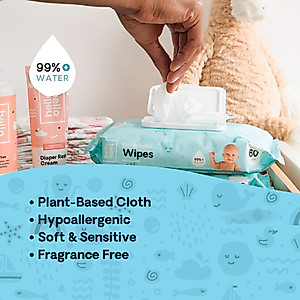 Hello Bello Baby Wipes I Plant Based Wipes for Sensitive Skin Made with 99% Water and Aloe for Babies and Kids I Unscented I 360 Count (6 Packs of 6)