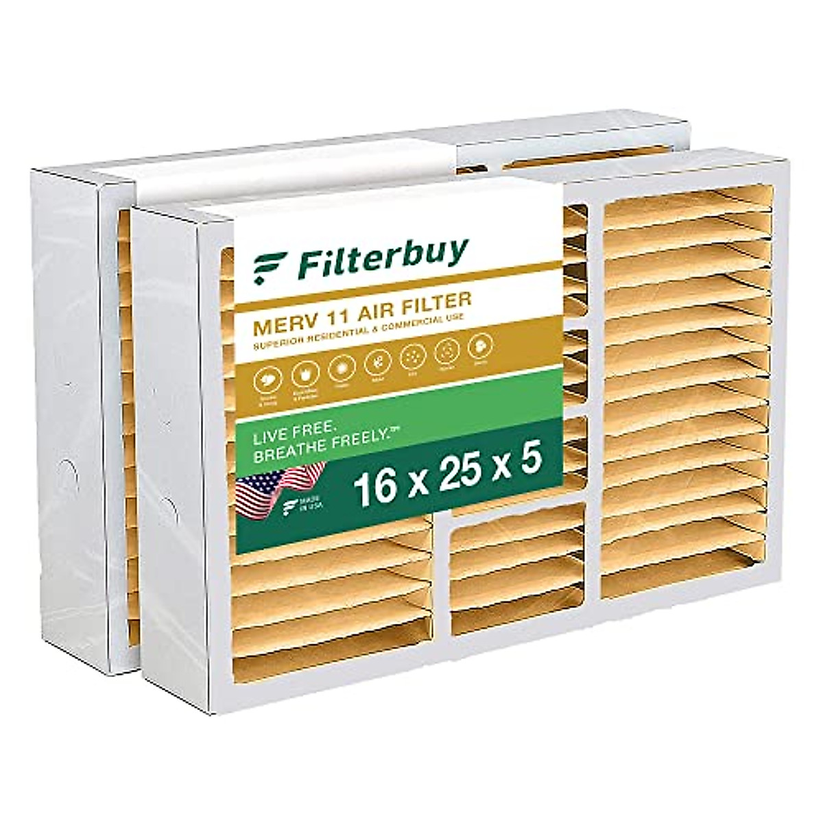 Filterbuy 16x25x5 Air Filter MERV 11 Allergen Defense (2-Pack), Pleated HVAC AC Furnace Air Filters Replacement for Honeywell FC100A1029, Lennox X6670, Carrier P102-1625, Air Kontrol, Bryant, Day & Night, and Payne (Actual Size: 15.75 x 24.75 x 4.38)