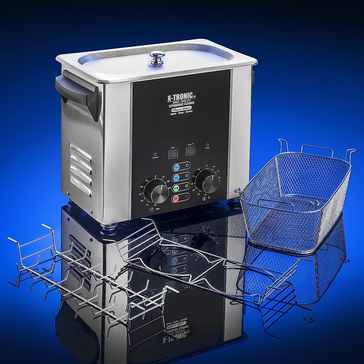 X-Tronic Model #3000-XTS 3.0 Liter "Platinum Edition" Commercial Ultrasonic Cleaner with Time & Temp LED Displays, Sweep & Degas Controls, S/S Cleaning Basket, Wire Rack Holder & Wire Beaker Holder