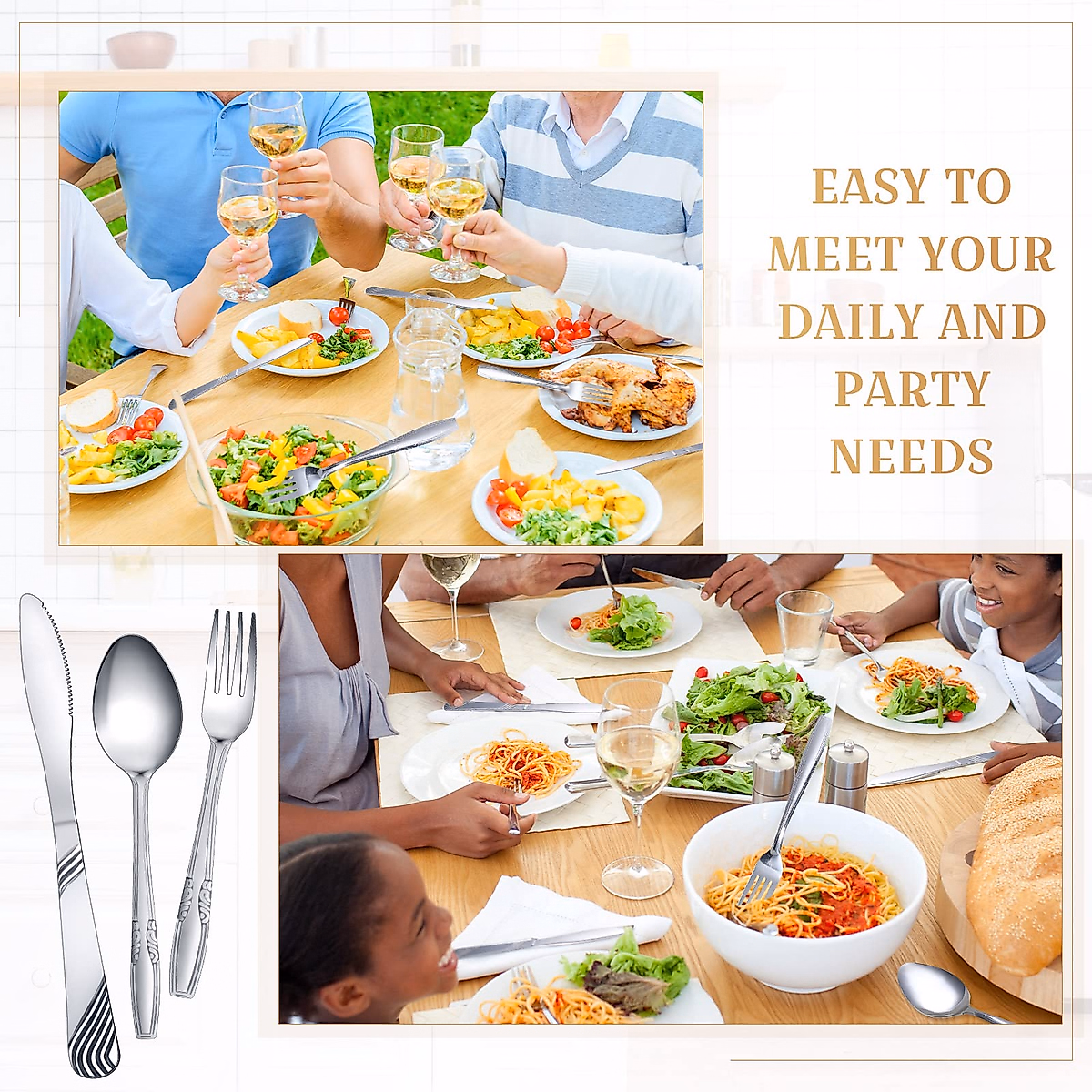Nuogo 100 Pieces Fork Knife Spoon Silverware Flatware Cutlery Set Portable Stainless Steel Flatware Set Restaurant Silverware Cutlery for Home Kitchen Dining