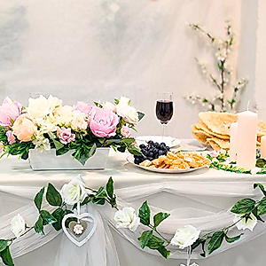 LikSoor 4 Pcs 28Ft Flower Garland White Fake Roses Vines Bedroom Aesthetic Spring Summer Hanging Artificiales para Decoracion for Room,Tea Party,Wedding Arch Decor…