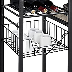 Yaheetech Bakers Rack with Power Outlet, 4-Tier Microwave Stand Cart Coffee Bar with Wire Basket and Wine Storage, Freestanding Kitchen Organizer Rack with 10 Hooks, Gray