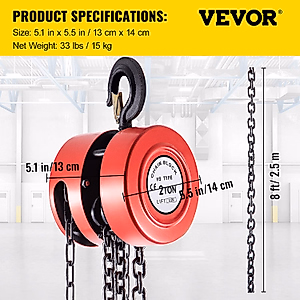 VEVOR Hand Chain Hoist, 4400 lbs /2 Ton Capacity Chain Block, 8ft/2.5m Lift Manual Hand Chain Block, Manual Hoist w/Industrial-Grade Steel Construction for Lifting Good in Transport & Workshop, Red