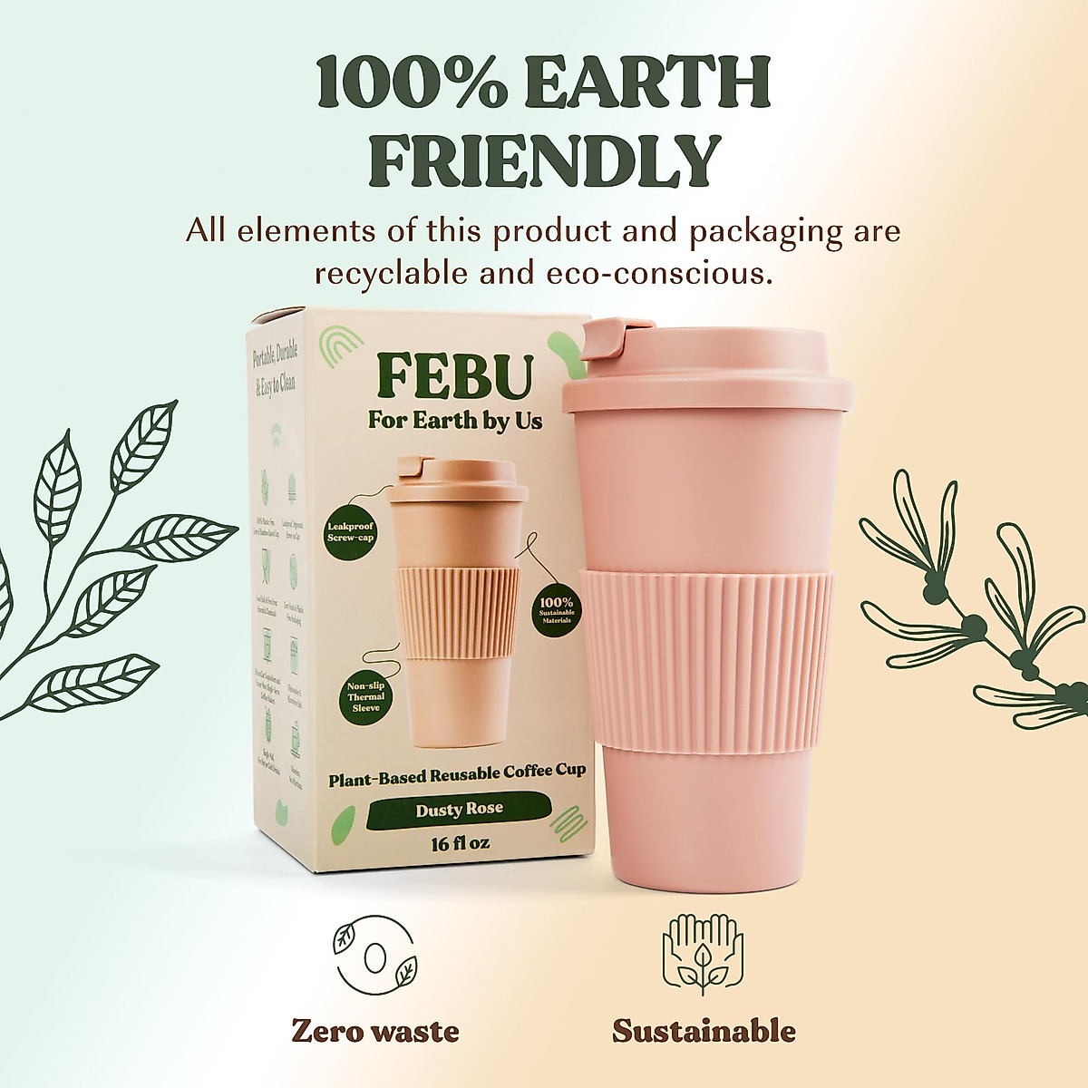 FEBU Plant-Based Reusable Coffee Cup with Lid and Sleeve | 16oz, Dusty Rose | Portable Travel Mug made from Bamboo | Dishwasher Safe, Zero Waste, Plastic Free with Leak-Proof Screw-on Lid