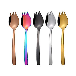 Mengbaobao 6-pack Gold Sporks Spoon Forks Long Handle Stainless Steel for Fruit Appetizer Dessert Salad Forks Noodle Spoon 8.1 inch