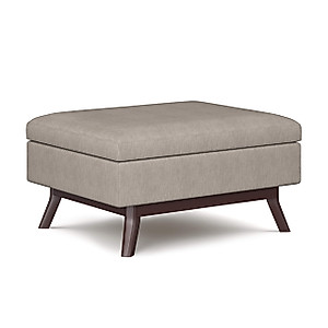 SIMPLIHOME Owen 34 inch Wide Mid Century Modern Rectangle Coffee Table Storage Ottoman in Natural Linen Look Fabric, Assembled, for the Living Room, Entryway and Family Room