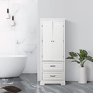 Teamson Home St. James Freestanding Adjustable Shelves 2 Drawers 5 Spaces and 2 Doors Wooden Linen Tower Storage Cabinet, White