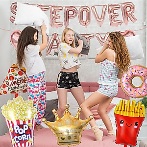 Sleepover Party Supplies for Girls - Rose Gold Sleepover Party Balloon Banner Large Popcorn Donut Pizza Crown Foil Balloons Girls Night Slumber Pajamas Spa Party Birthday Party Decorations