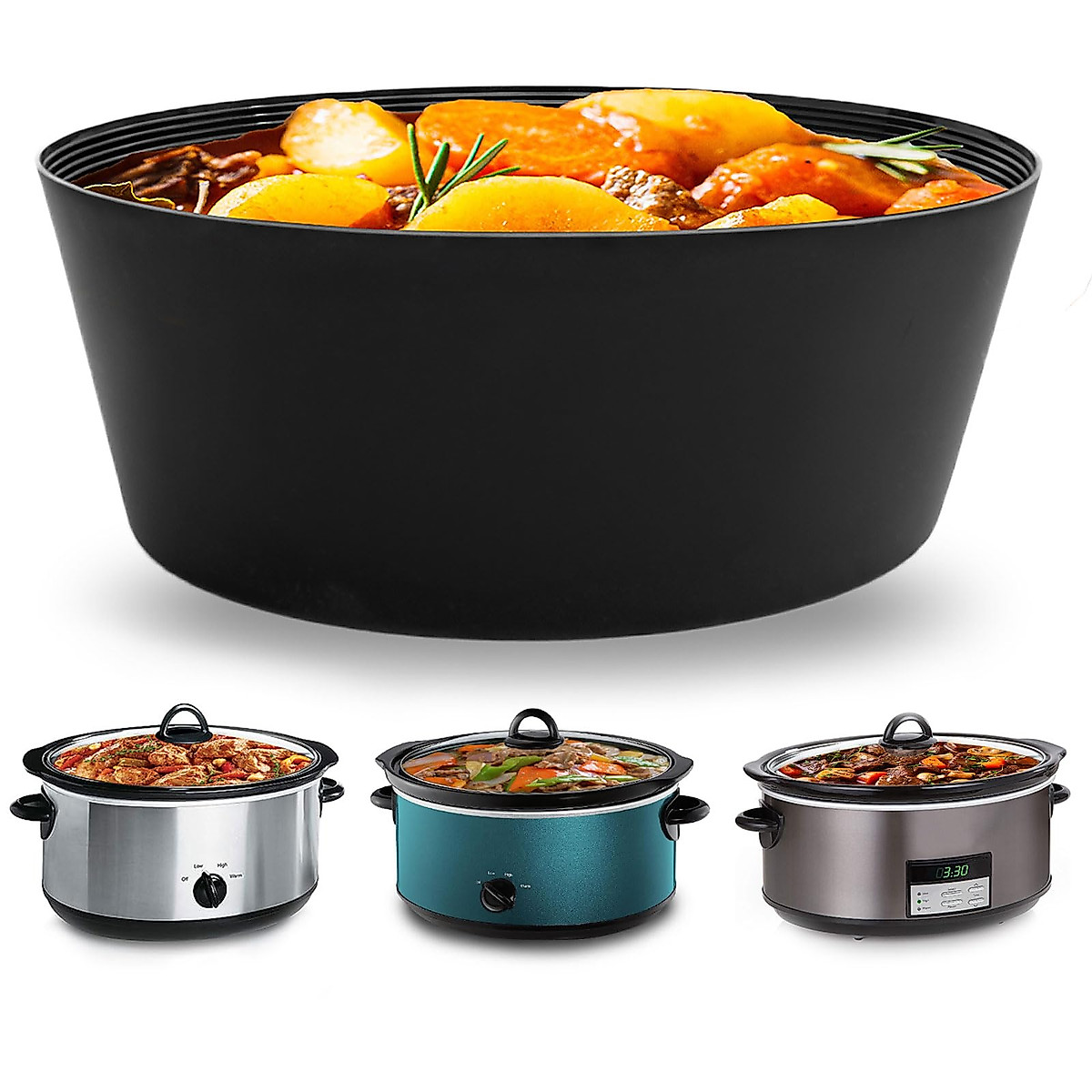 Silicone Slow Cooker Liners for 7-8QT CrockPot and other Oval Slow Cookers - Silicone Crock Pot Liners for 7-8 Quart Crock Pots - Reusable, Leakproof & Food-Grade Silicone Crock Pot Inserts - (Black)