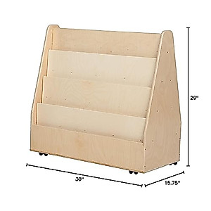 Contender Fully Assembled Double-Sided Book Cart On Wheels, Baltic Birch Book Display Stand, Wood Montessori Bookshelf Organizer For Kids In Natural Finish