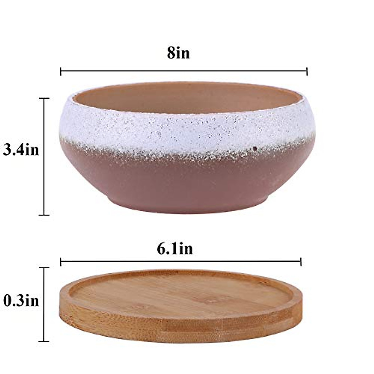 EPFamily 8 Inch Ceramic Round Succulent Planter with Drainage Hole and Bamboo Tray, Modern Large Flower Pot for Herb Garden Bonsai Planting