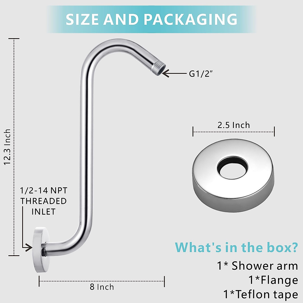 Nuodan Shower Head Extension Arm with Flange, S Shaped High Rise Gooseneck Showerhead Riser Pipe, Standard 1/2" Connection - Bathroom Accessory (12 Inch, Chrome)