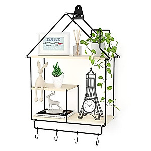 Tikea Floating Shelves, House-Shaped Wall Mounted Shelves for Storage, Modern Farmhouse Hanging Shelf with Metal Frames and Addition Hooks for Living Room Bedroom Bathroom Entryway Decor
