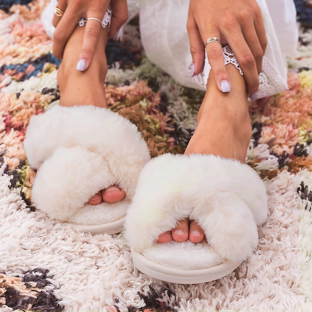 Ankis White Womens Fuzzy Slippers - 2Pair Cozy, Soft, Comfy, Relax Fluffy Slippers, Cross Band, Open Toe, Non-slip Womens Slippers, Indoor and Outdoor Fluffy Slippers