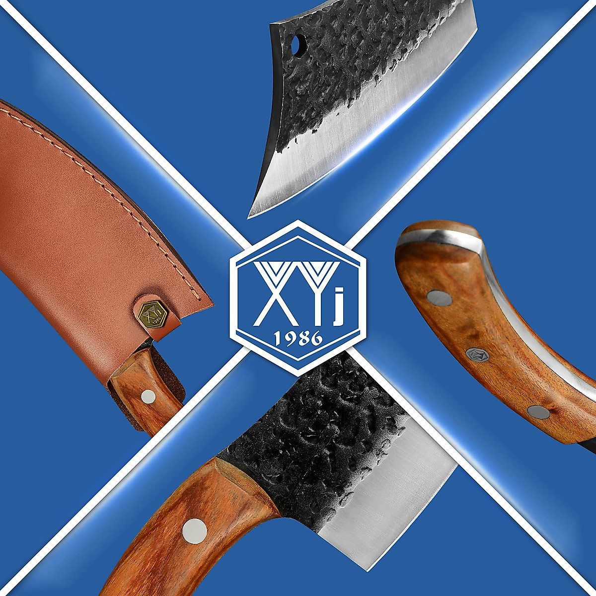 XYJ Full Tang Boning Butcher Knife With Leather Sleeves Hammer Blade High Carbon Stainless Steel Serbian Chef Knives For Kitchen Camping or Outdoor BBQ