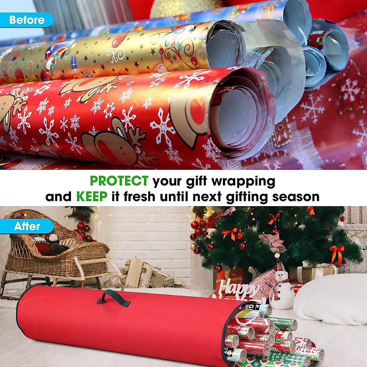 Primode Wrapping Paper Storage Bag | Wrapping Paper Organizer Under Bed for Storing Multiple Rolls of Gift Wrap, 40” Length Container Constructed of Durable 600D Oxford Material (Red)