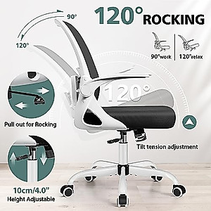 Winrise Office Chair Ergonomic Desk Chairs with Lumbar Support and Flip-up Arms, Comfortable Breathable Mesh Computer Executive Chair with Swivel Task, Adjustable Height 4'', Home, Bedroom - White