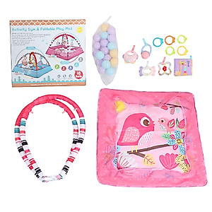 Baby Gym and Infant Play Mat Newborn Crawling Activity Center Soft Early Development Playmats with Safety Net and Ball and Hanging Toys (Pink)