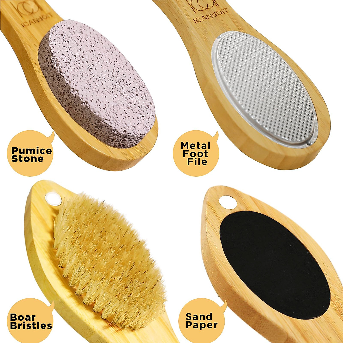 ICDI ICANdOIT Natural Bamboo Foot File Callus Remover-Multi Purpose 4 in 1 Feet Pedicure Kit with Foot Care Boar Bristle Brush,Pumice Stone,Foot Rasp,Sand Paper