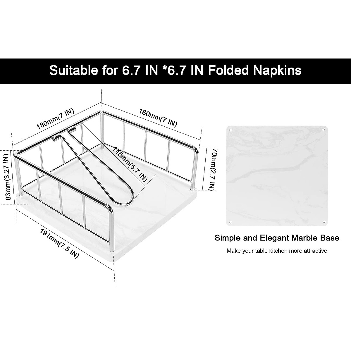 Livabber Flat Napkin Holder, Metal Kitchen Napkin Holder with Weighted Tension Arm Rustic Tissue Paper Dispenser for Countertop, Table Kitchen, Dining Room (With Marble Base, Chrome)