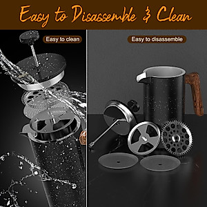 IKAPE French Press Coffee Maker, 34 OZ 304 Stainless Steel Espresso Coffee & Tea Maker with 4 Level Filtration System(Starry Black)