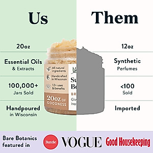 Bare Botanics Brown Sugar Body Scrub 20 oz - Naturally Scented Coconut Vanilla Sugar Scrub Made in Madison, WI - Formulated w/Skin Loving Moisturizers - Vegan, Cruelty Free w/a Cute Wooden Spoon